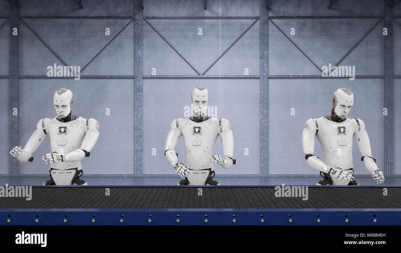 3d rendering android robot assembly line with conveyor line Stock Photo ...