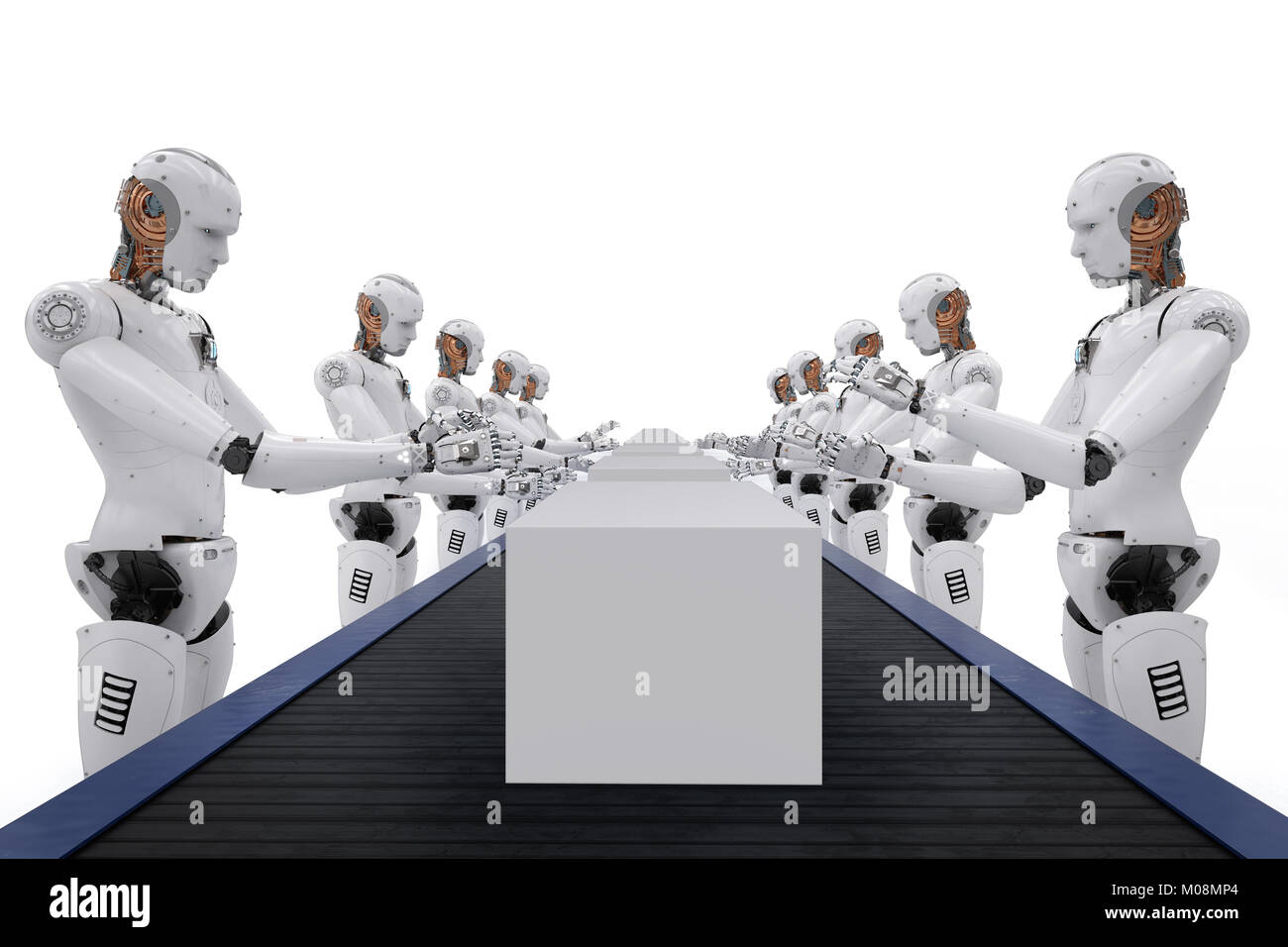 3d rendering android robot with boxes on conveyor line Stock Photo - Alamy