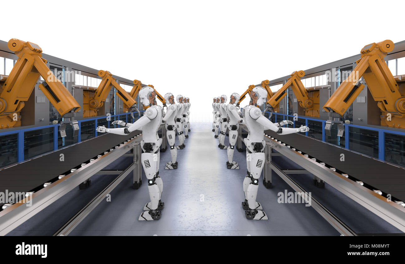 3d rendering robot assembly line with robot arms and cyborgs Stock ...
