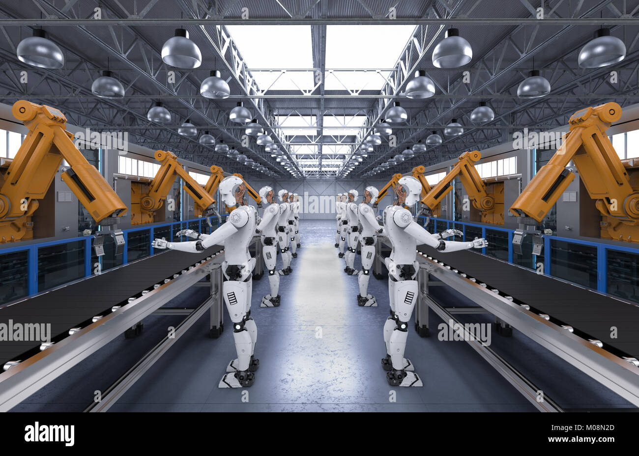 3d rendering robot assembly line with robot arms and cyborgs Stock ...