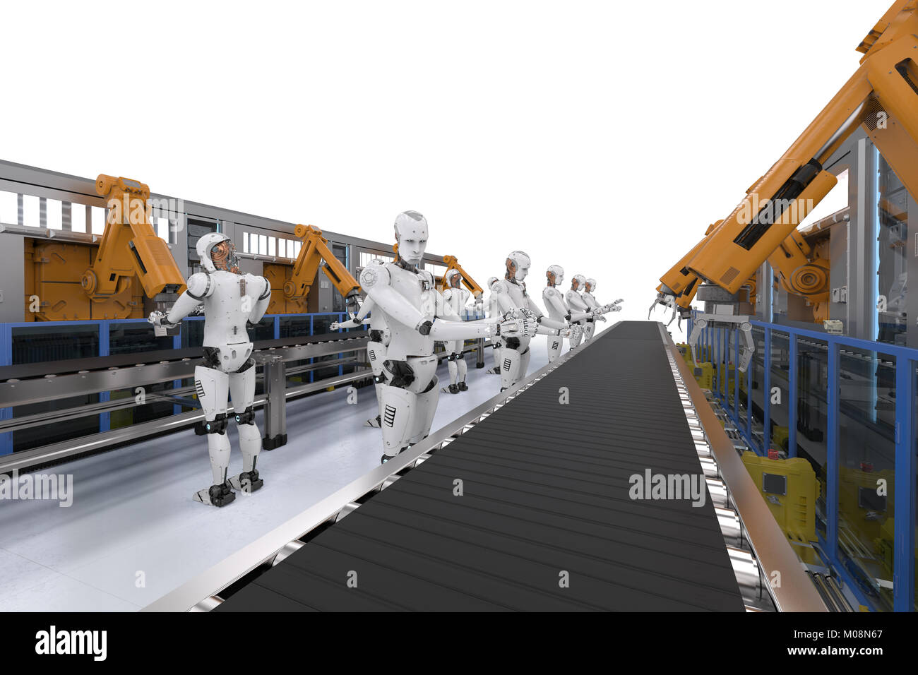 3d rendering robot assembly line with robot arms and cyborgs Stock ...