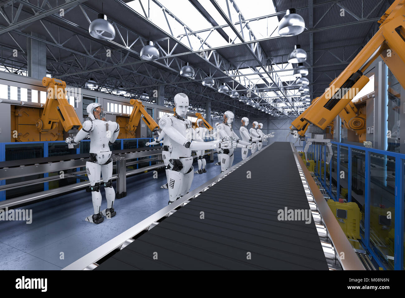 3d rendering robot assembly line with robot arms and cyborgs Stock ...