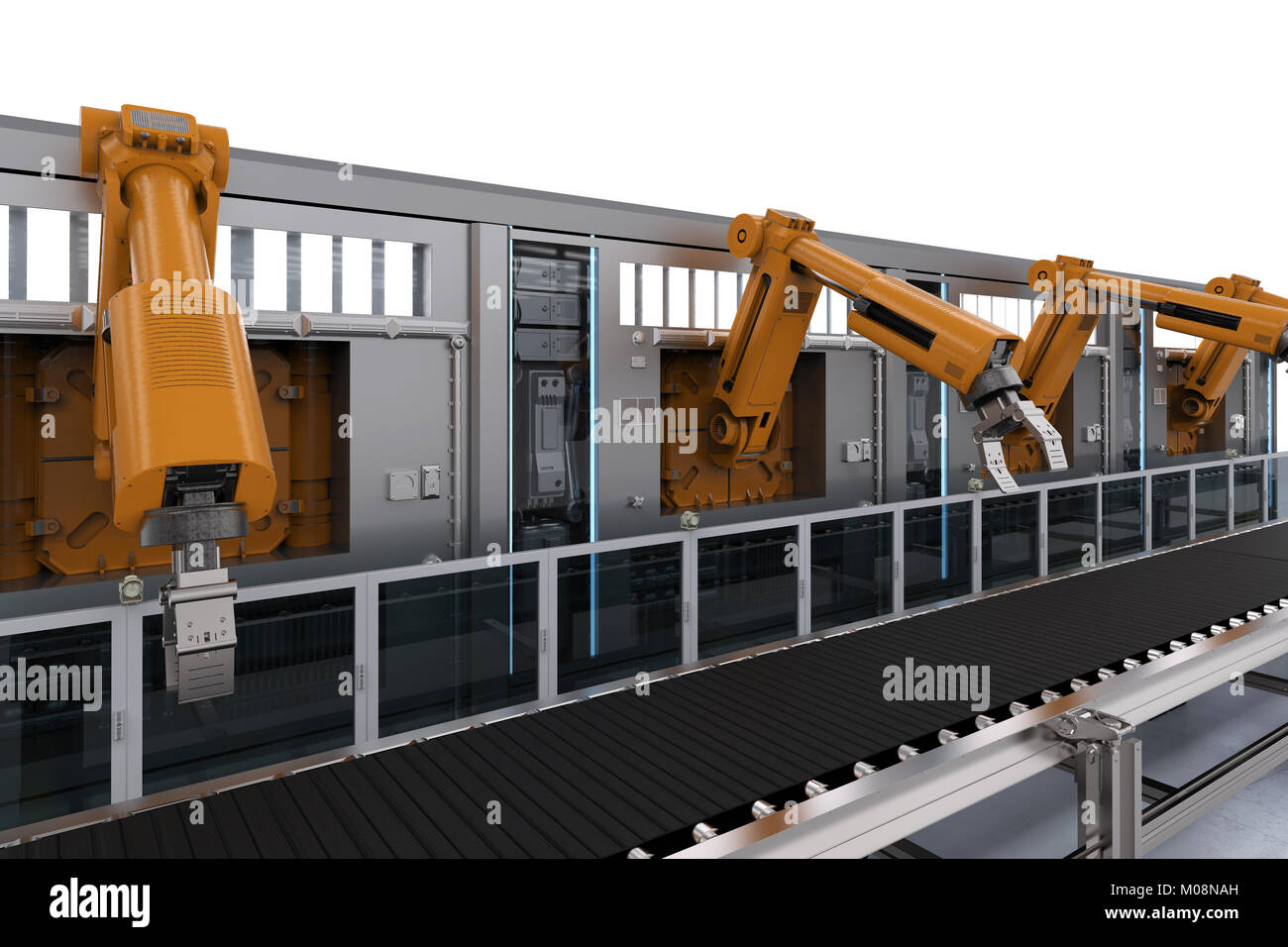 3d rendering robotic machines with conveyor line Stock Photo - Alamy