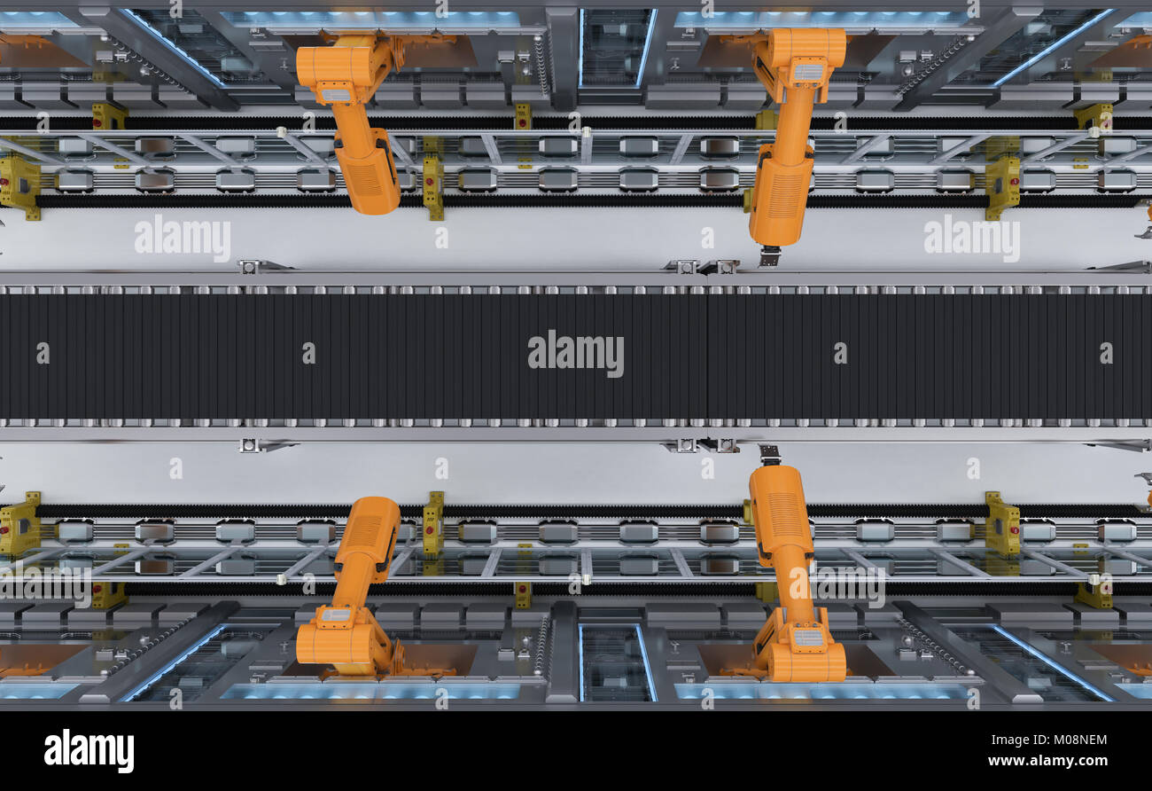 3d rendering robotic machines with conveyor line Stock Photo - Alamy