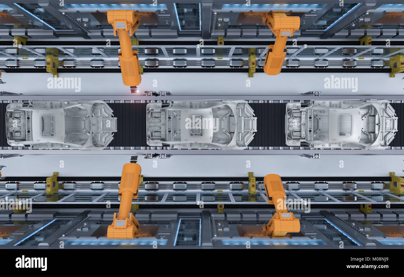 3d rendering robot assembly line in car factory Stock Photo - Alamy