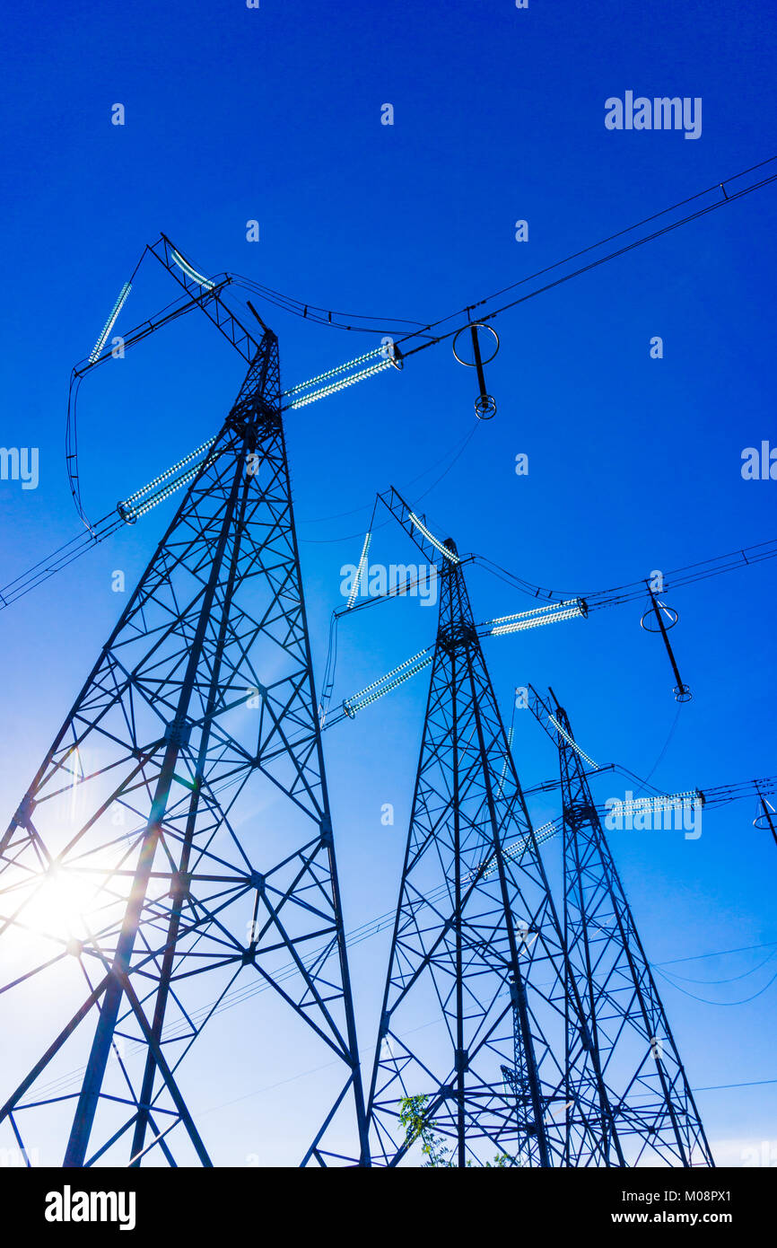 Electricity poles. electric post. Electricity pylon with blue sky Stock ...