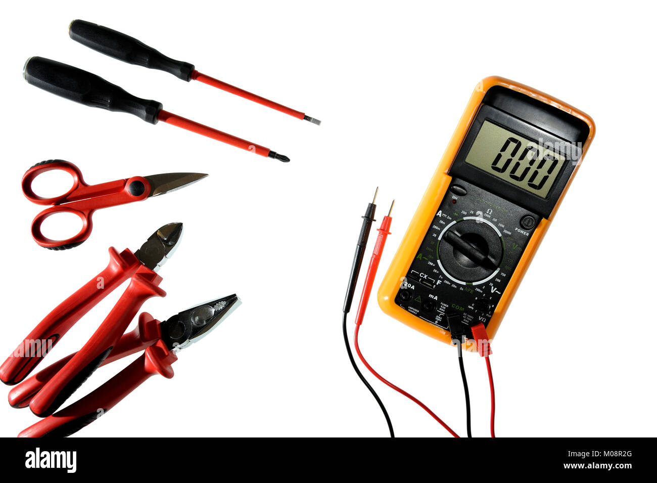 Multimeter, clamp, cable cutter, scissors and screwdriver for working ...