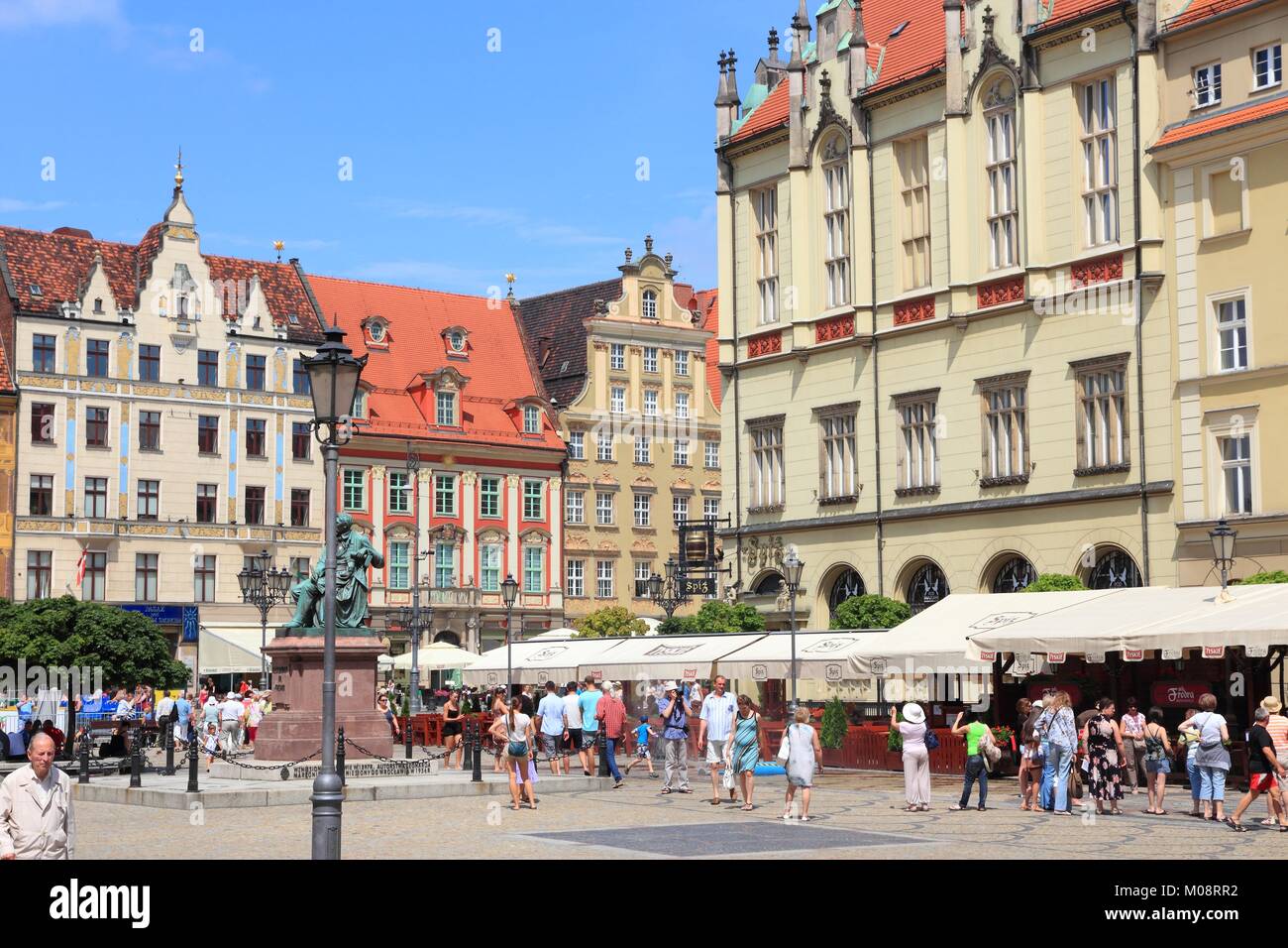 WROCLAW, POLAND - JULY 6, 2014: People visit Rynek (Market Square) in ...