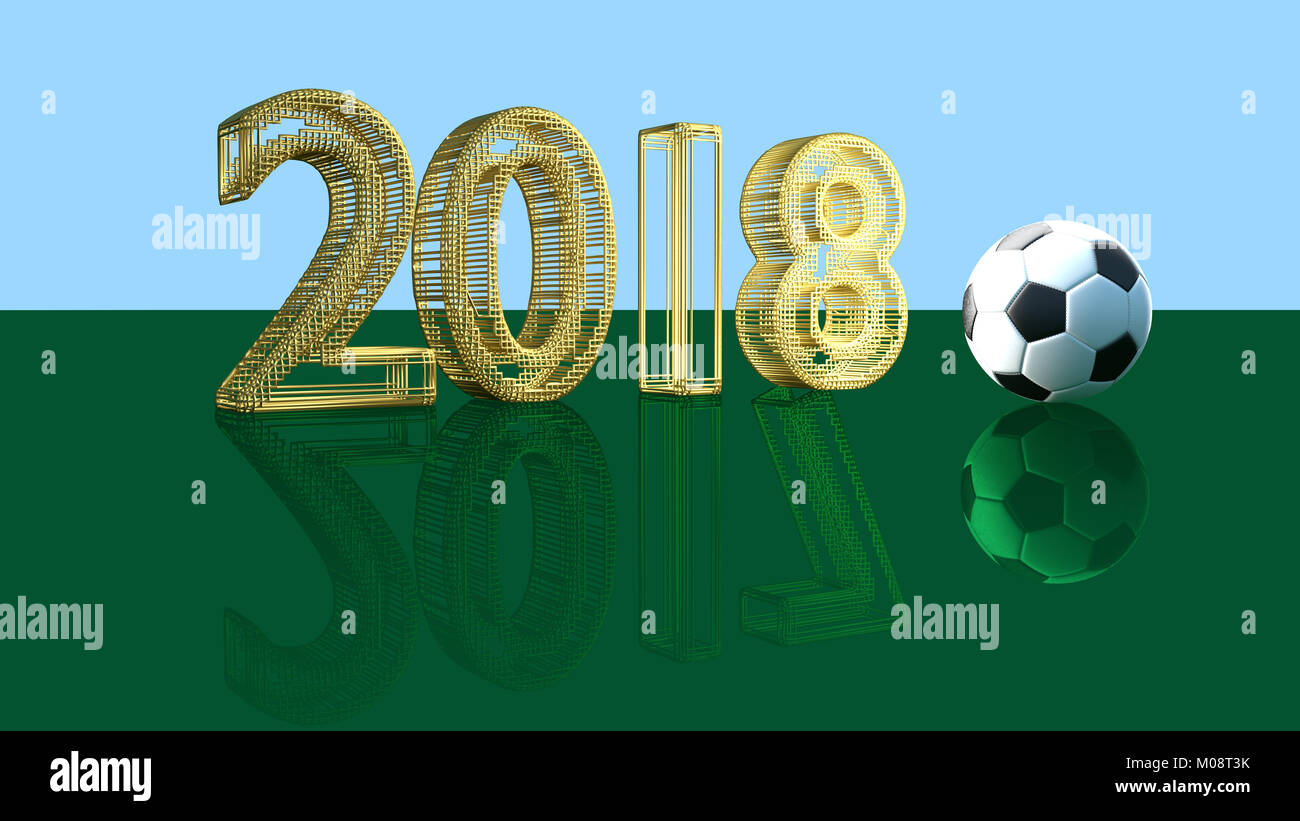 2018 is reflected as 2017 and a soccer ball on a green surface, 3D ...