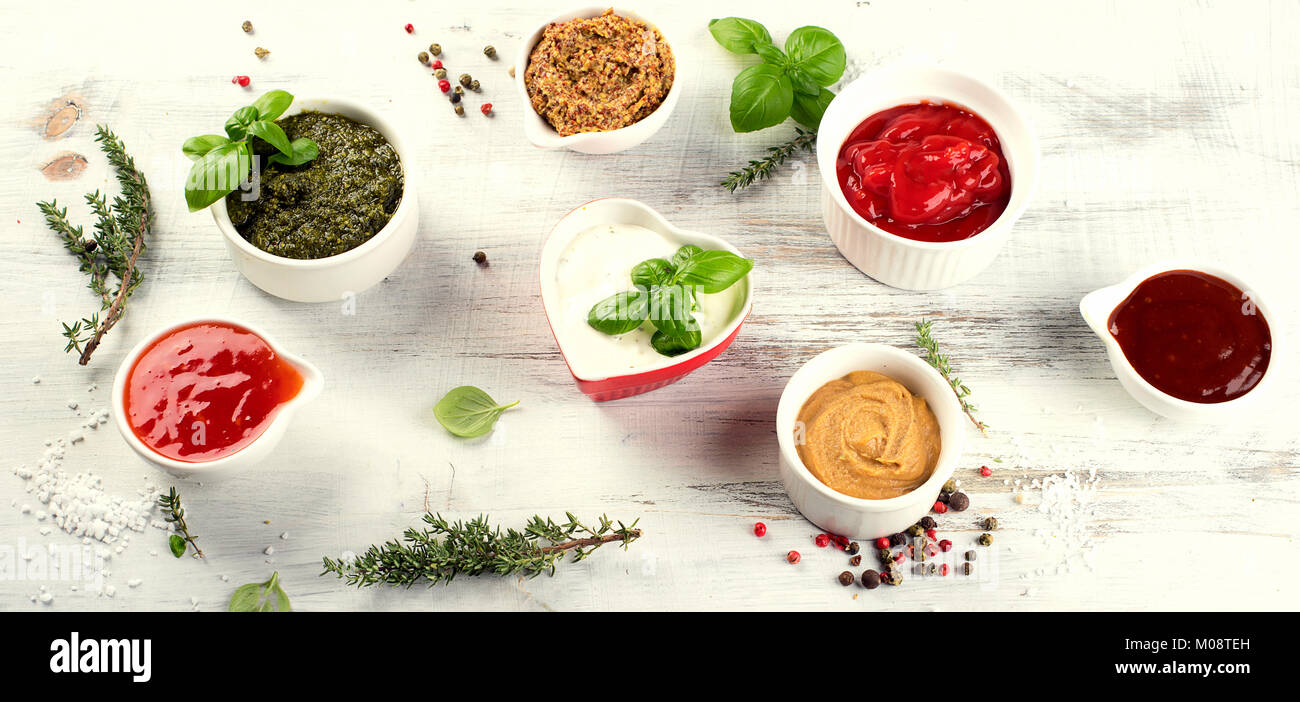 Set of Different sauces. Top view Stock Photo - Alamy