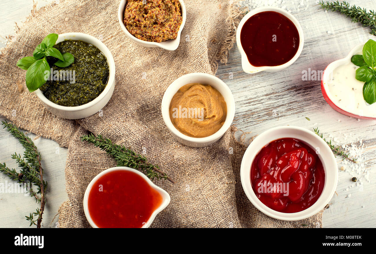 Set of Different sauces. Top view Stock Photo - Alamy