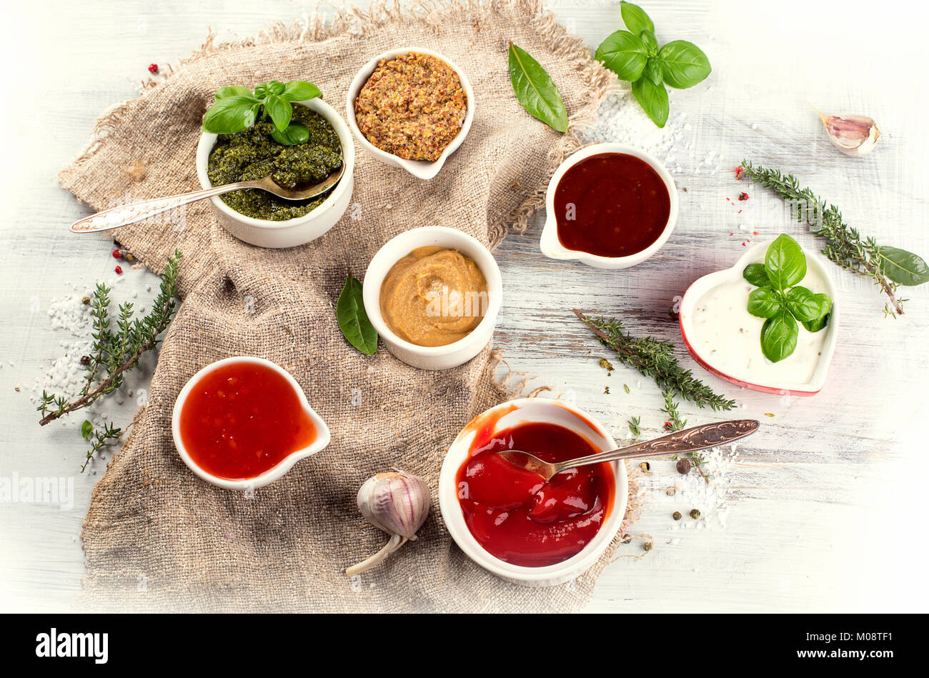 Set of Different sauces. Top view Stock Photo - Alamy