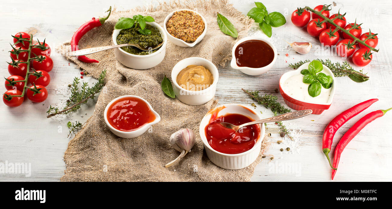 Set of Different sauces. Top view Stock Photo - Alamy
