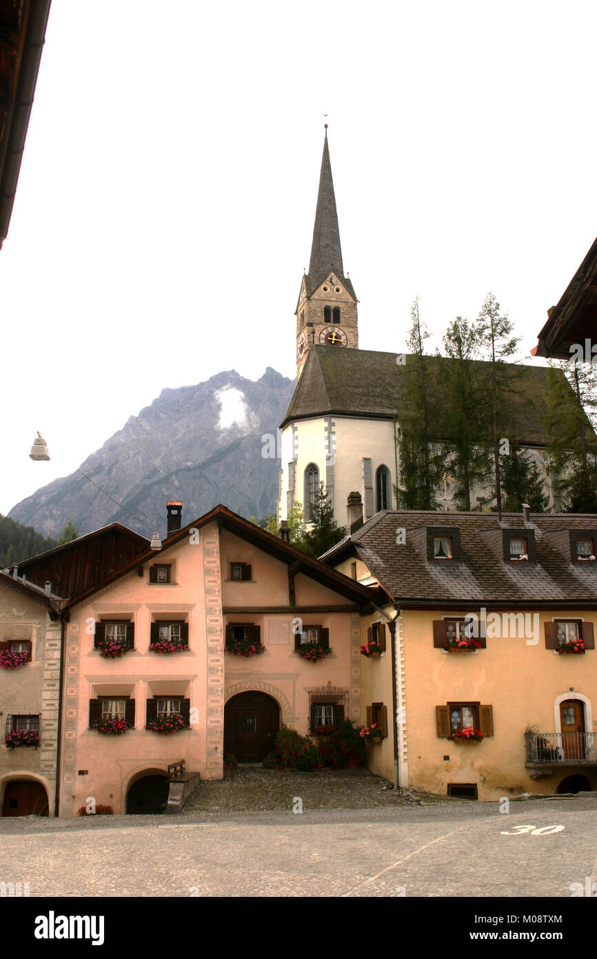 Houses and old church in Guarda, Switzerland Stock Photo - Alamy