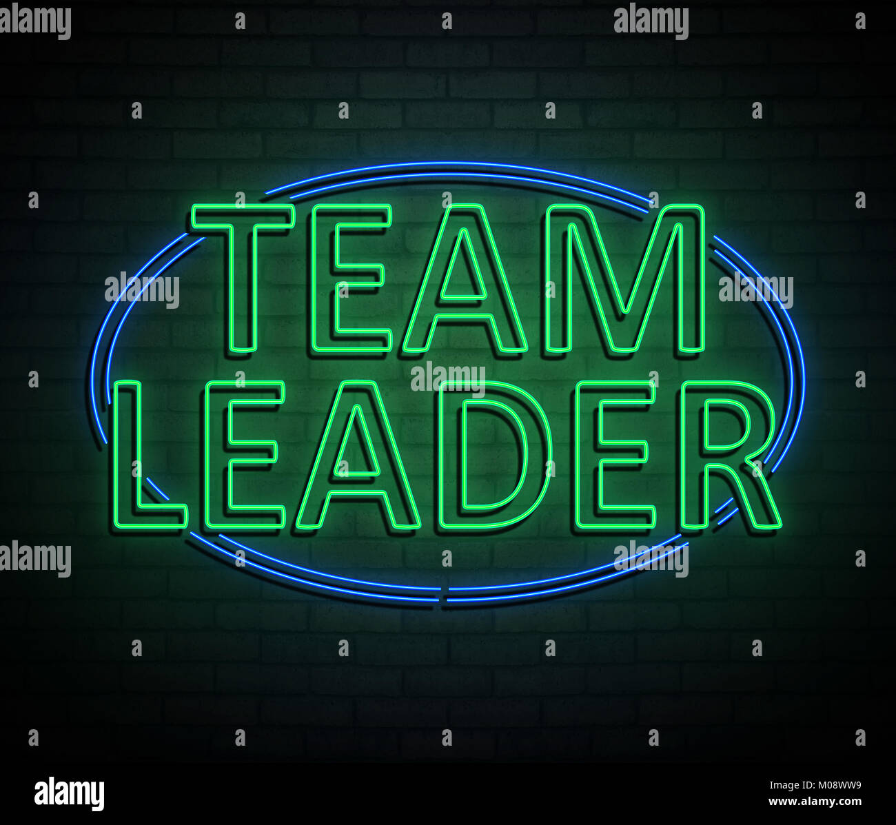 3d Illustration depicting an illuminated neon sign with a team leader ...