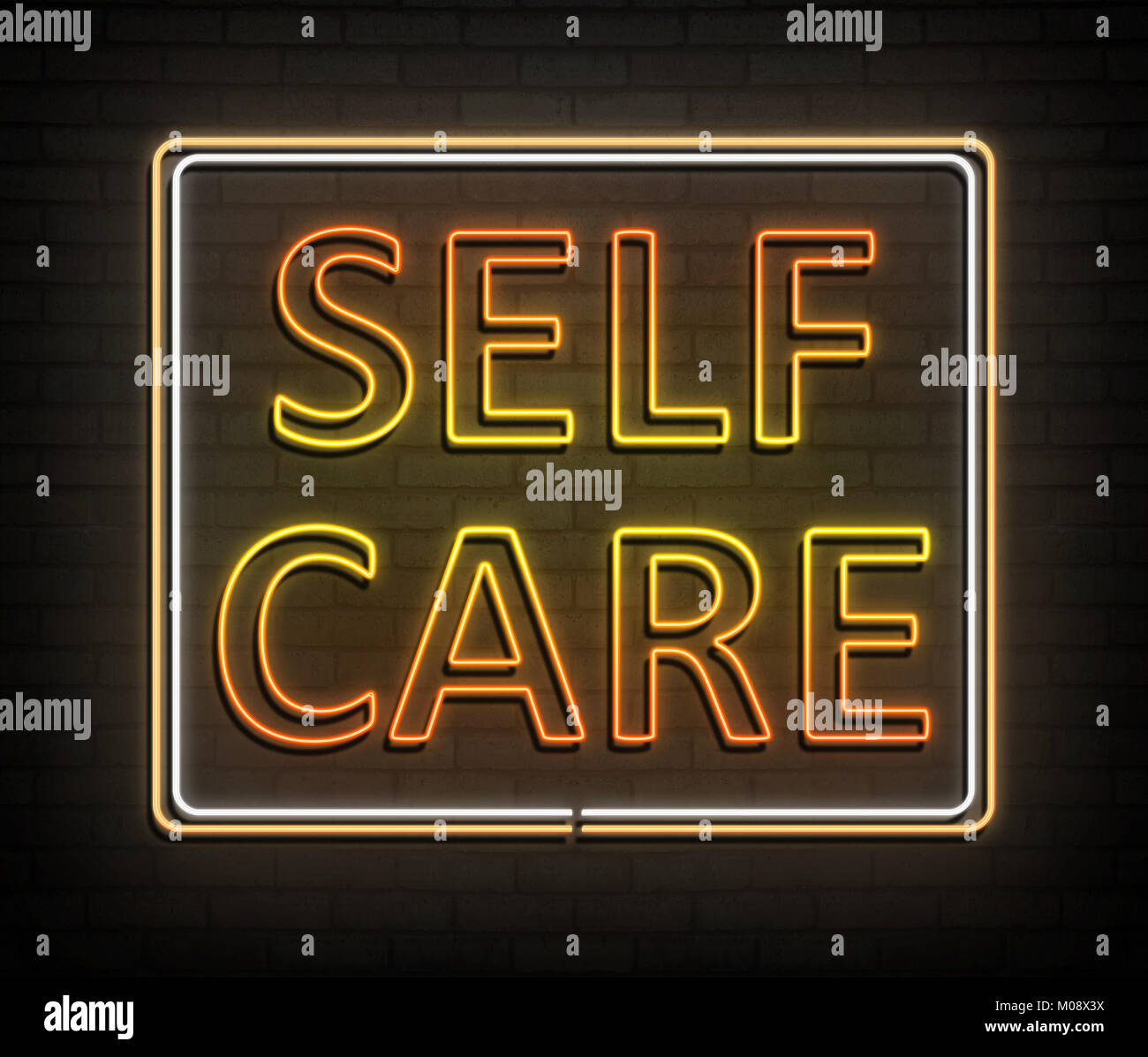 3d Illustration depicting an illuminated neon sign with a self care ...