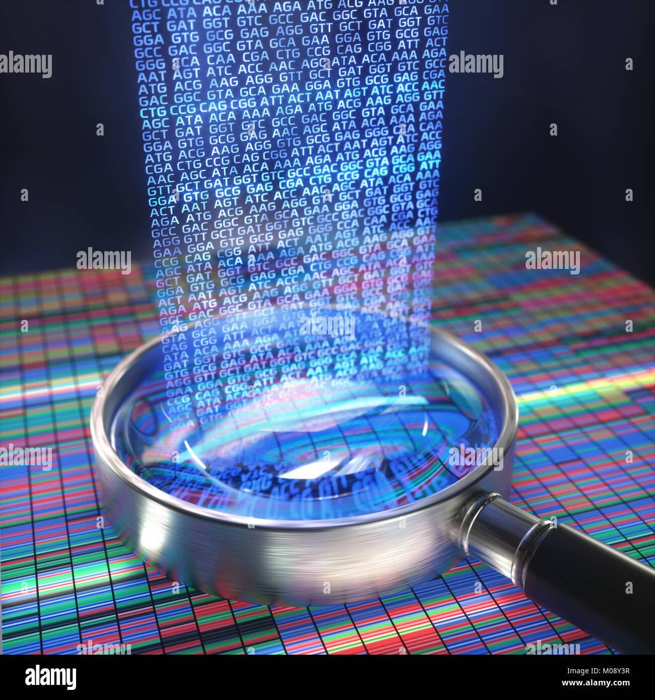 3D illustration. DNA Sanger Sequencing and a Magnifying Glass Showing ...