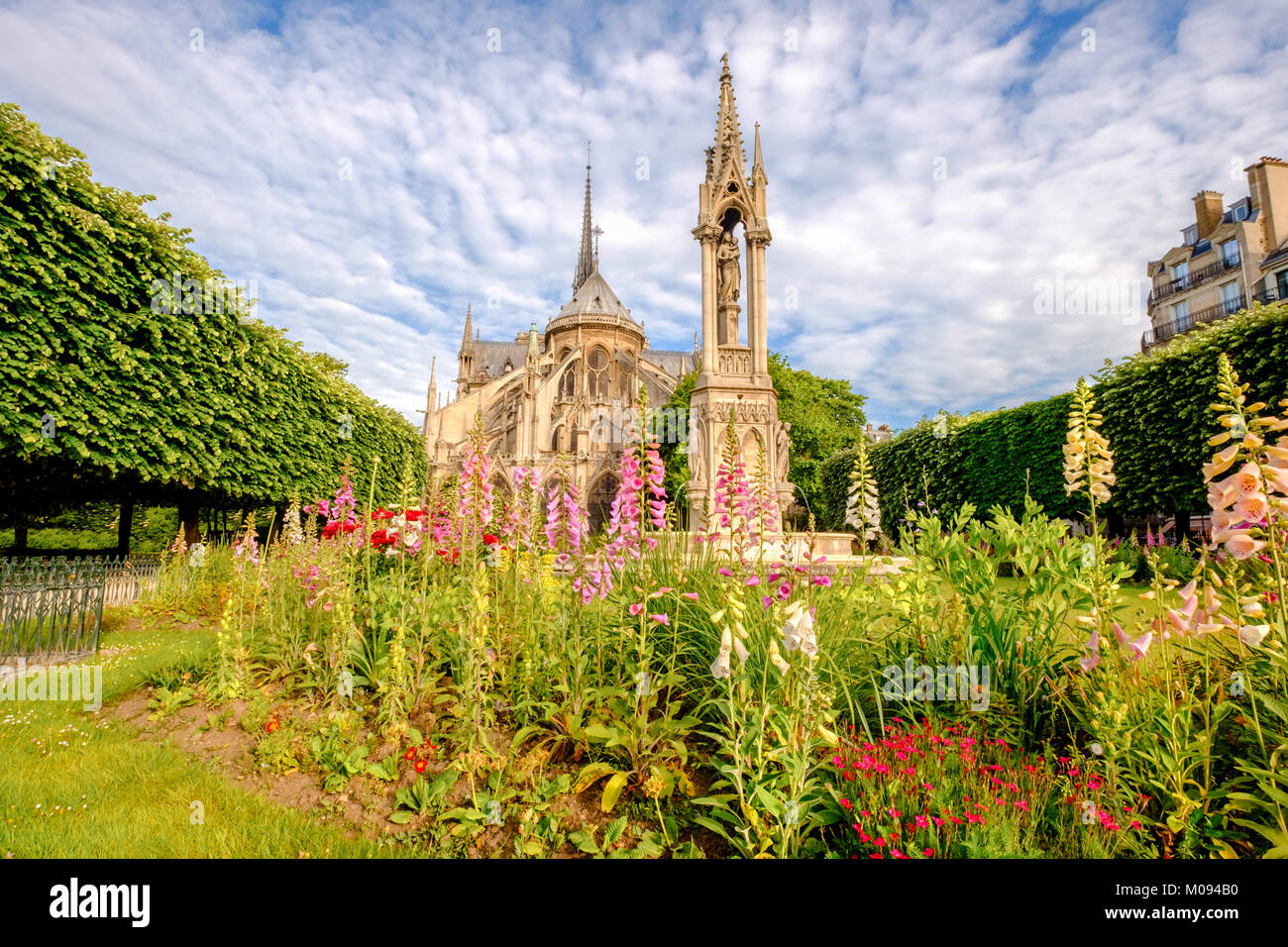 Notre Dame de Paris Cathedral, garden with spring flowers in Paris ...