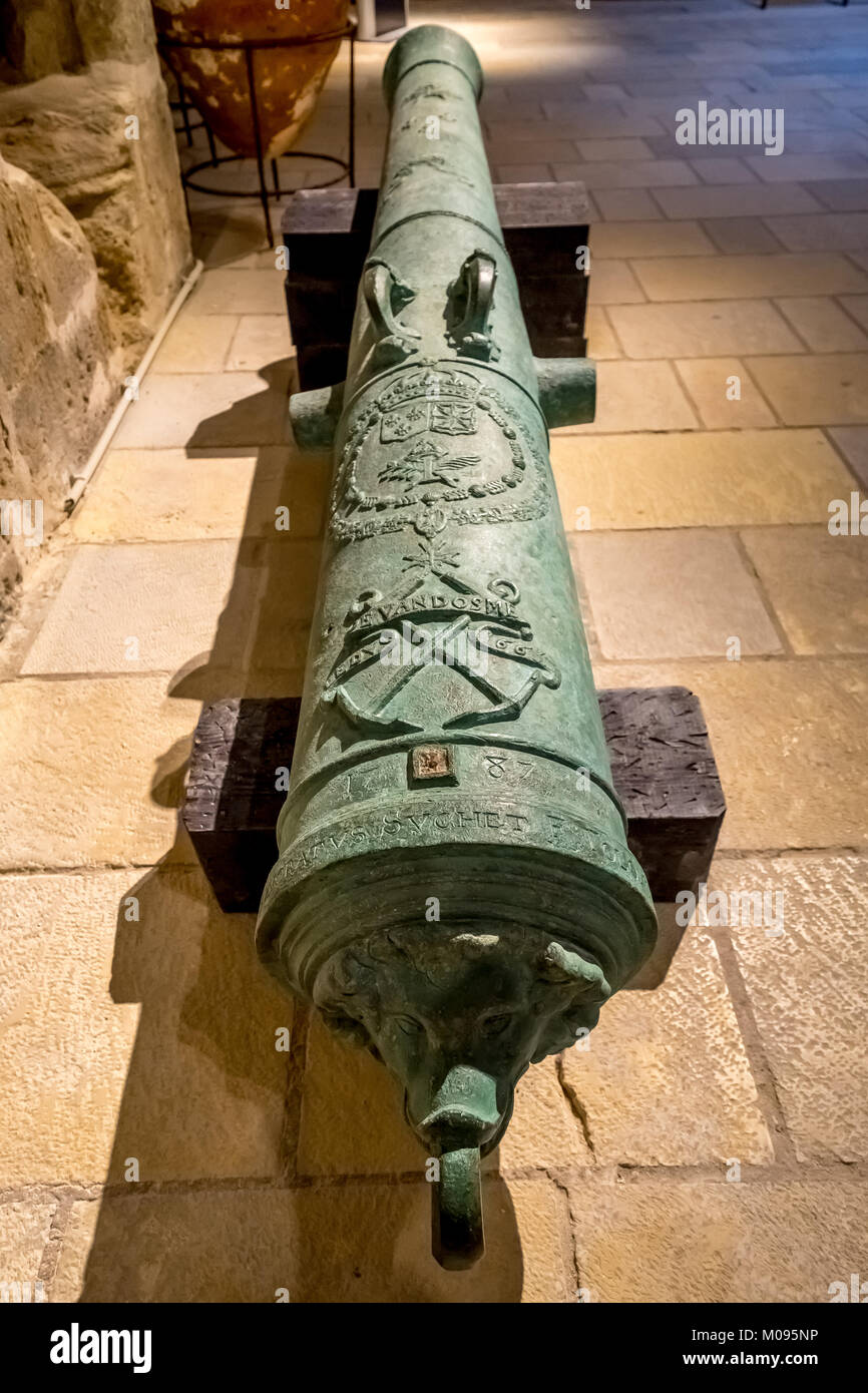 bronze medieval cannons and cannonballs inside the Koules Fortress or ...