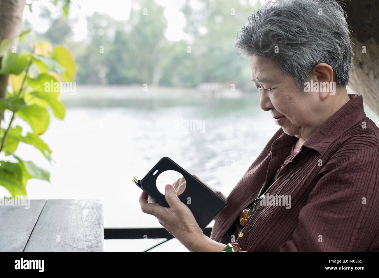 asian elder woman holding mobile phone in garden. elderly female ...