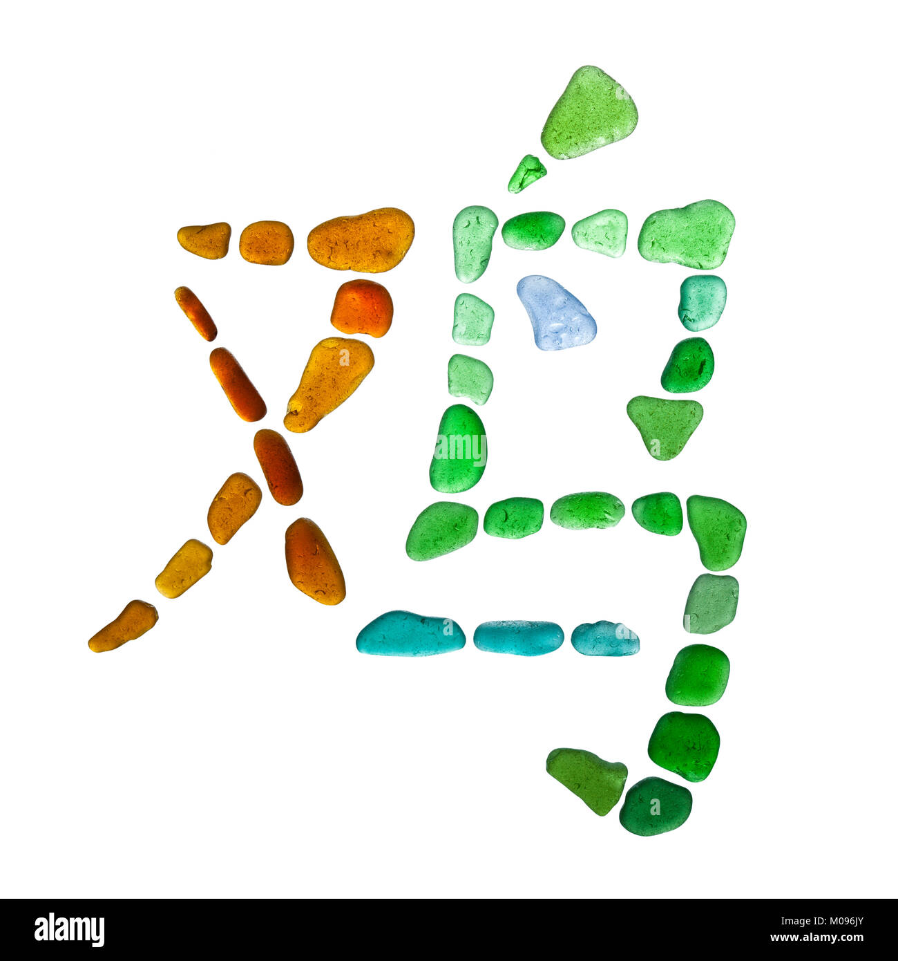 Chinese symbol ji, rooster, hen, made of sea glass on white background ...