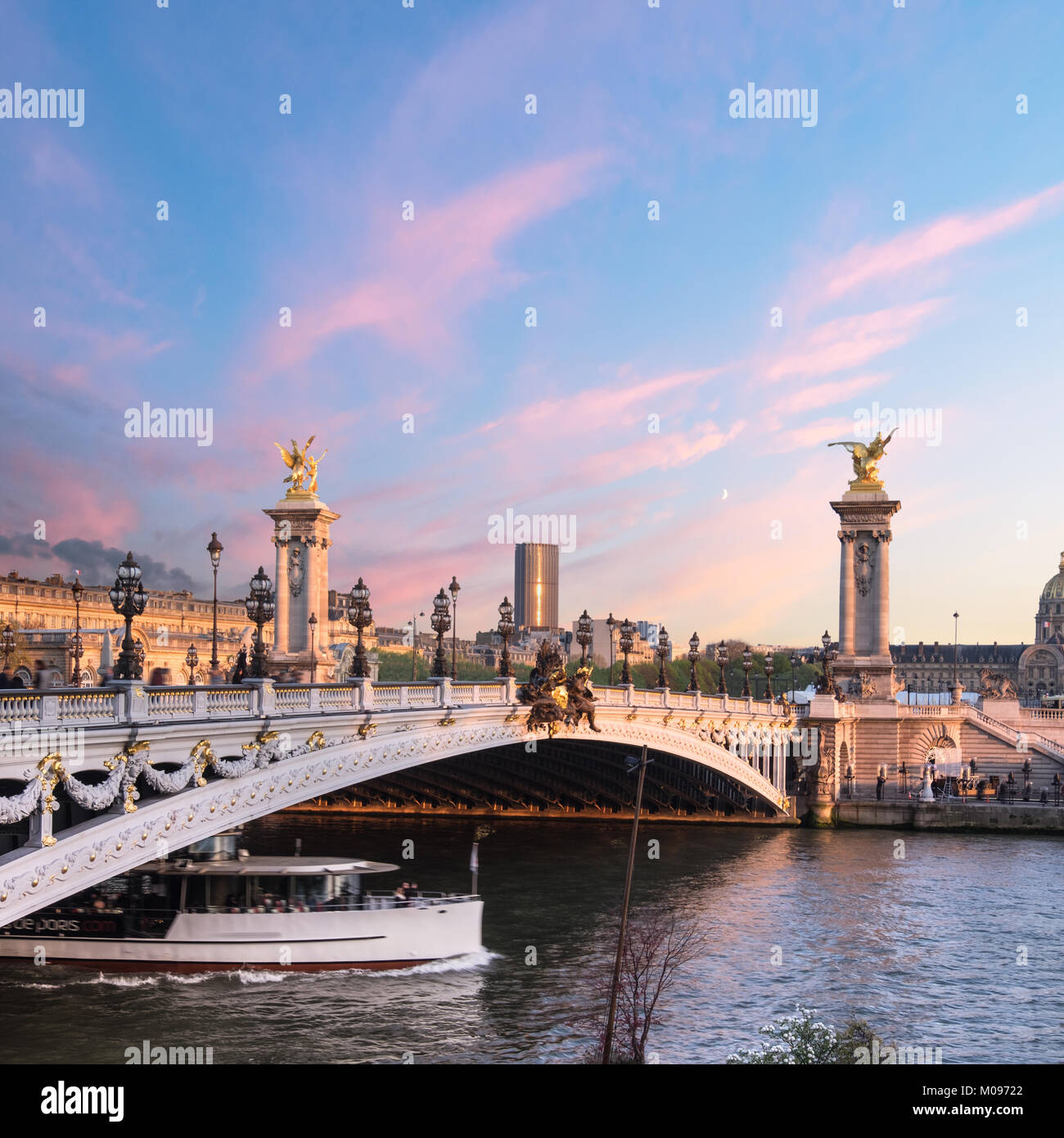 Alexandre Bridge in Paris in the last rays of setting sun, panoramic ...