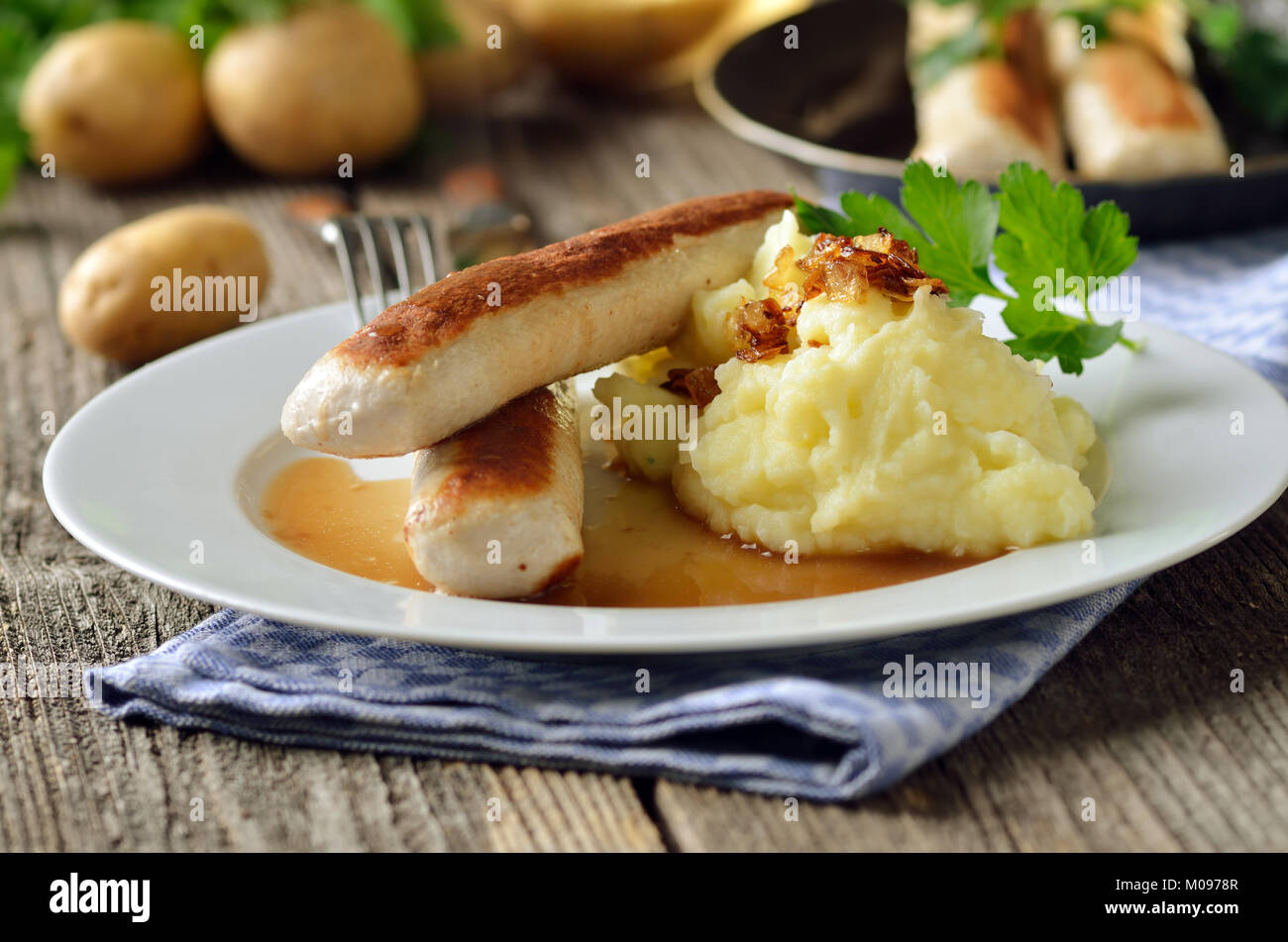Bavarian sausages, so-called 'Wollwurst' (sausage meat without casing ...