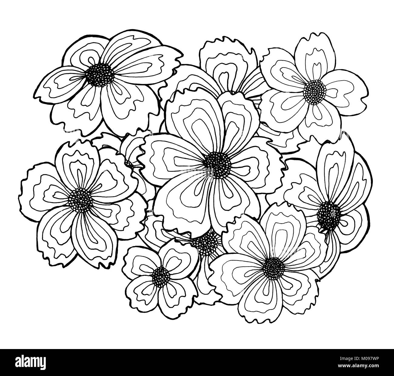 set of hand-drawn flowers, line drawing technique, suitable for ...