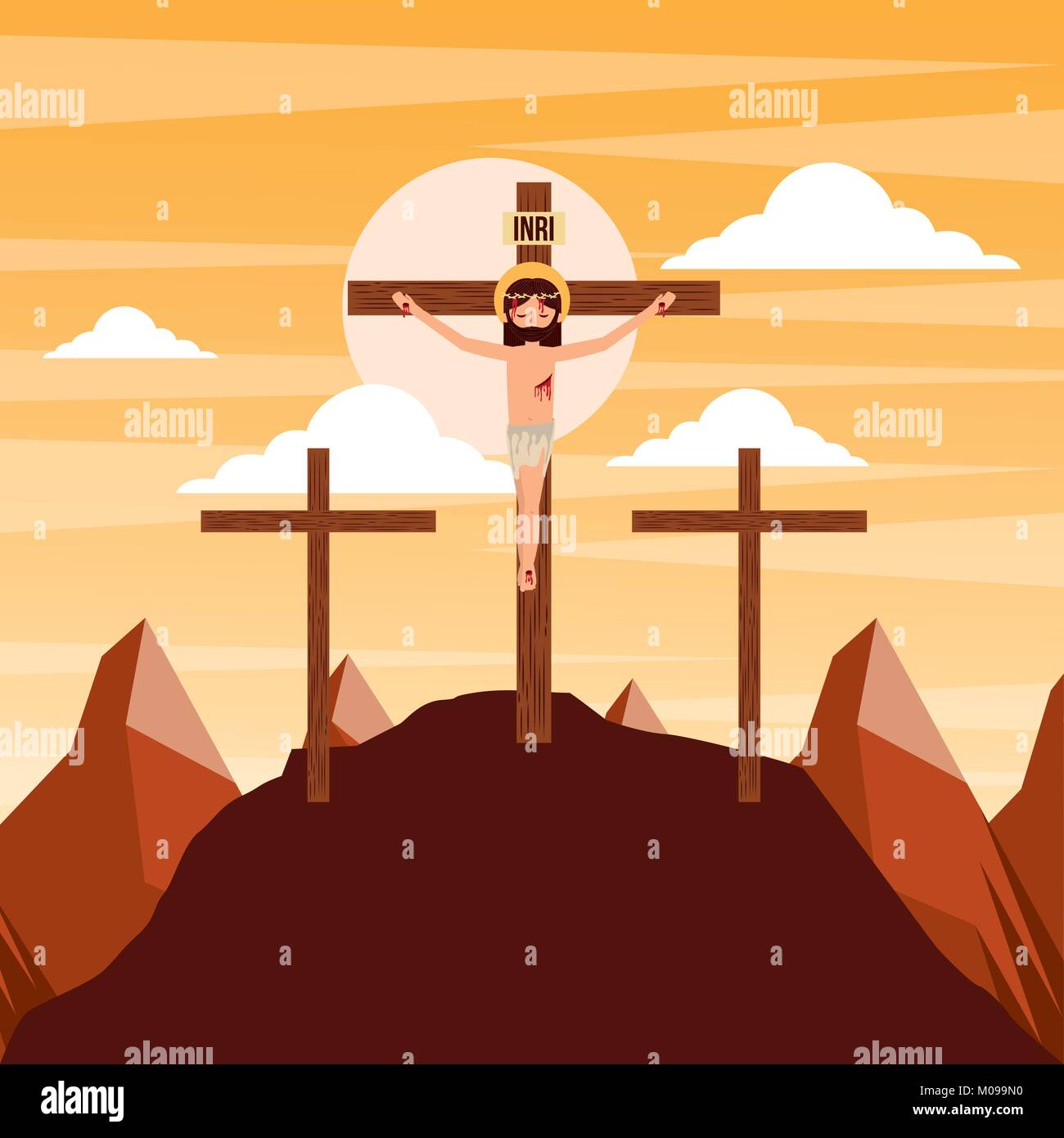 Three Crosses On A Hill At Sunset