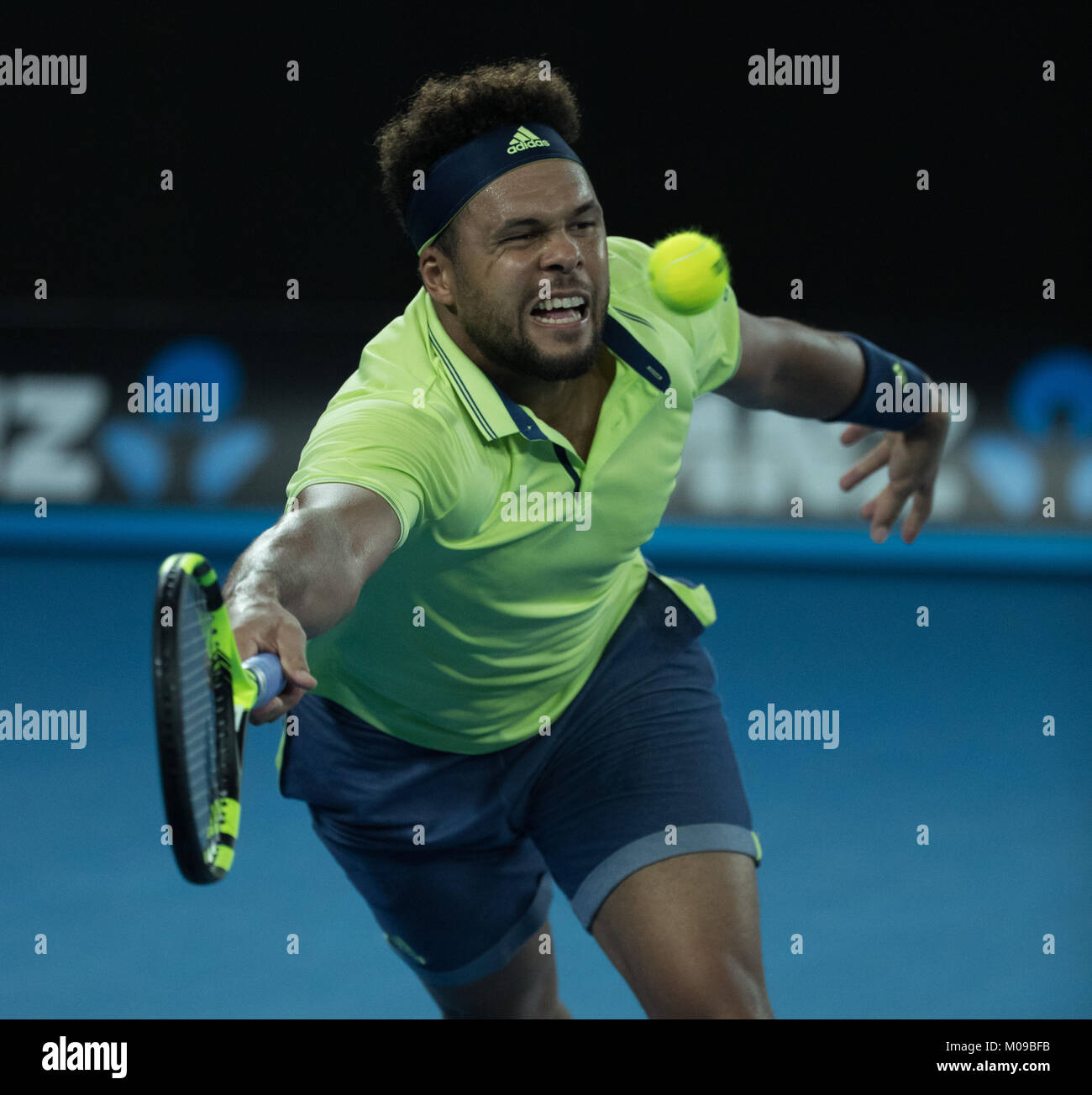 Melbourne, Australia. 19th Jan, 2018. Jo-Wilfried Tsonga of France returns a shot during the men ...