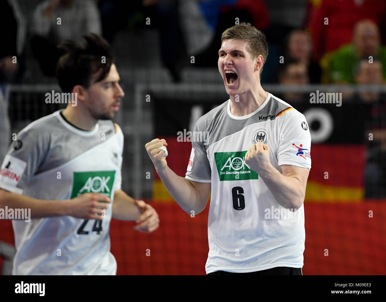 Varazdin, Croatia. 19th Jan, 2018. Germany's Finn Lemke (R) celebrates ...