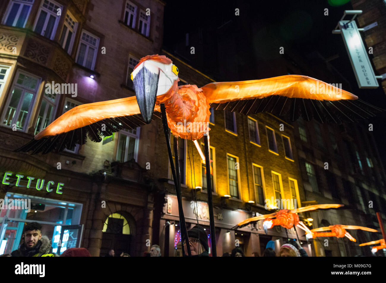 London, UK. 19th Jan, 2018. Flamingo Flyway, colourful birds created by ...