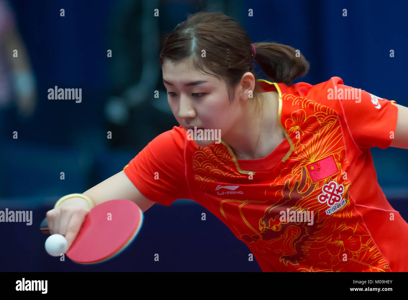 Budapest. 19th Jan, 2018. China's Chen Meng hits a return to her ...
