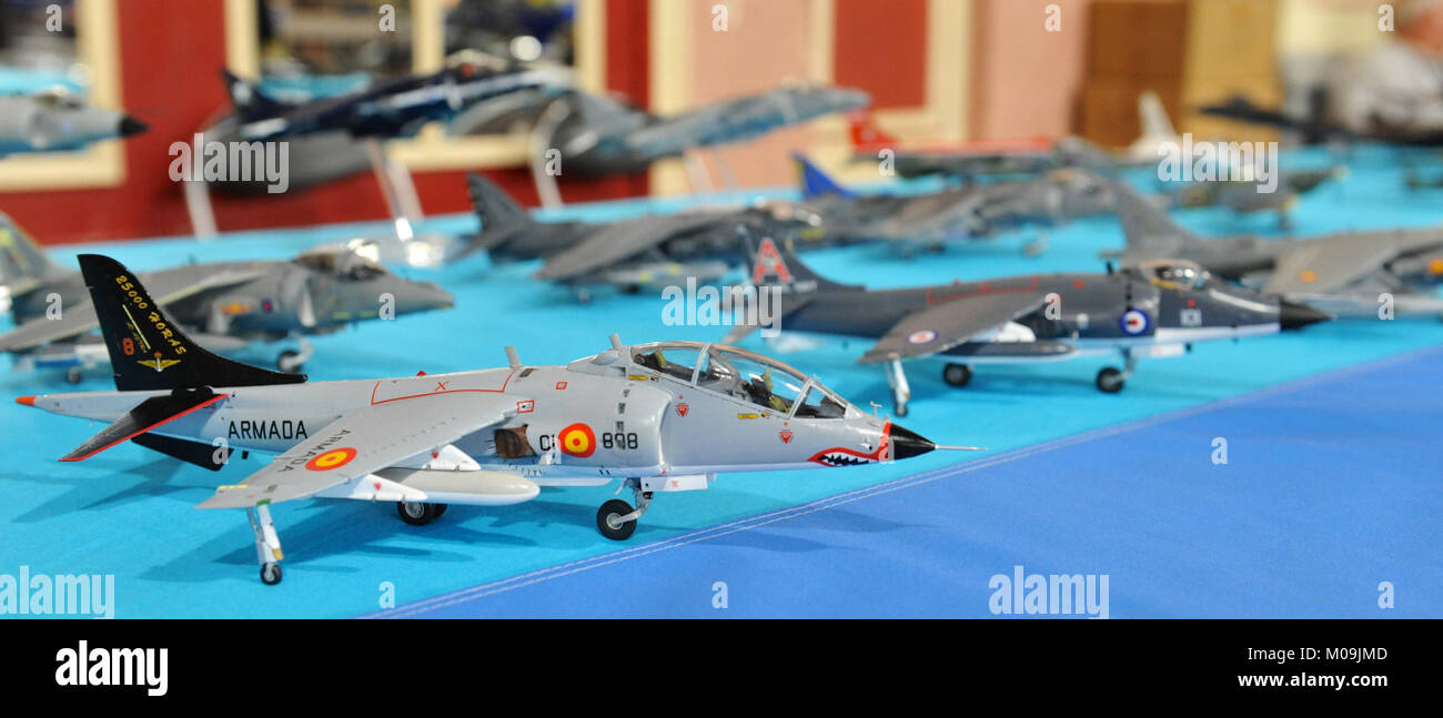 London, UK. 19th Jan, 2018. Scale models of Harrier Jump Jets on ...