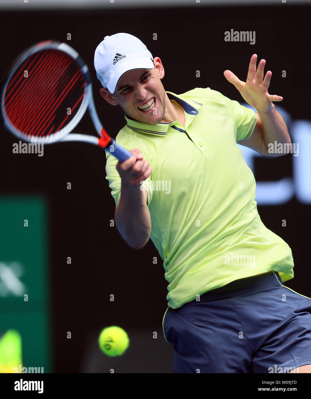 Melbourne, Australia. 20th Jan, 2018. Dominic Thiem of Austria hits a ...