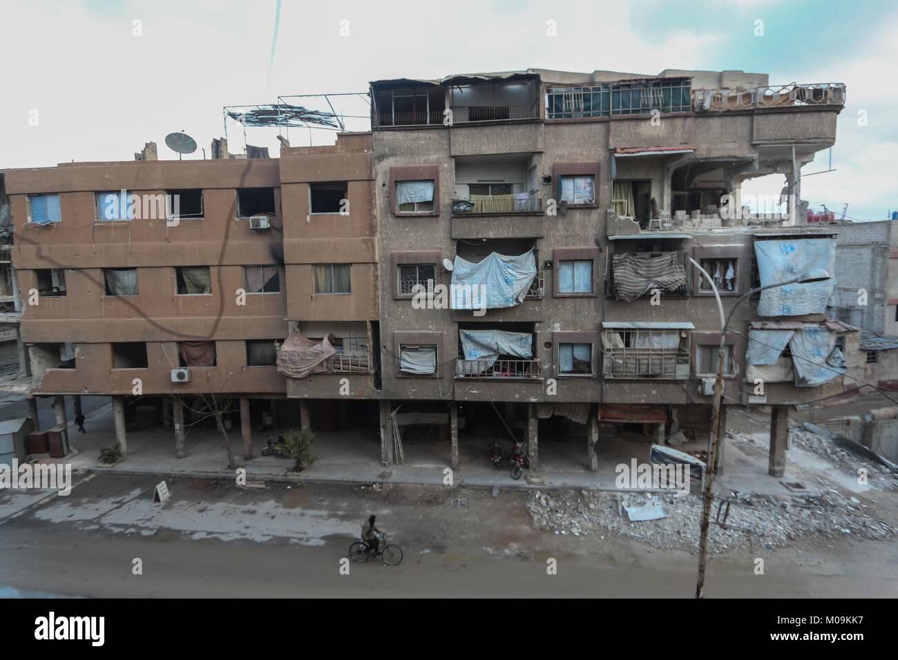 Douma, Syria. 18th Jan, 2018. A general view of a building that was ...