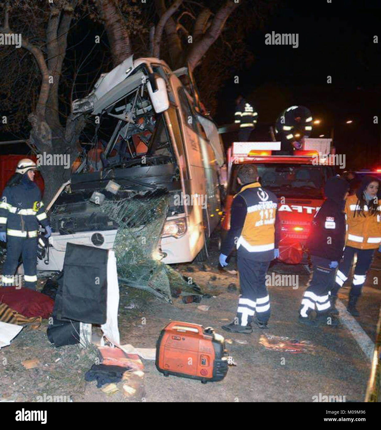 Eskisehir, Turkey. 20th Jan, 2018. A tourism bus hits trees on roadside ...