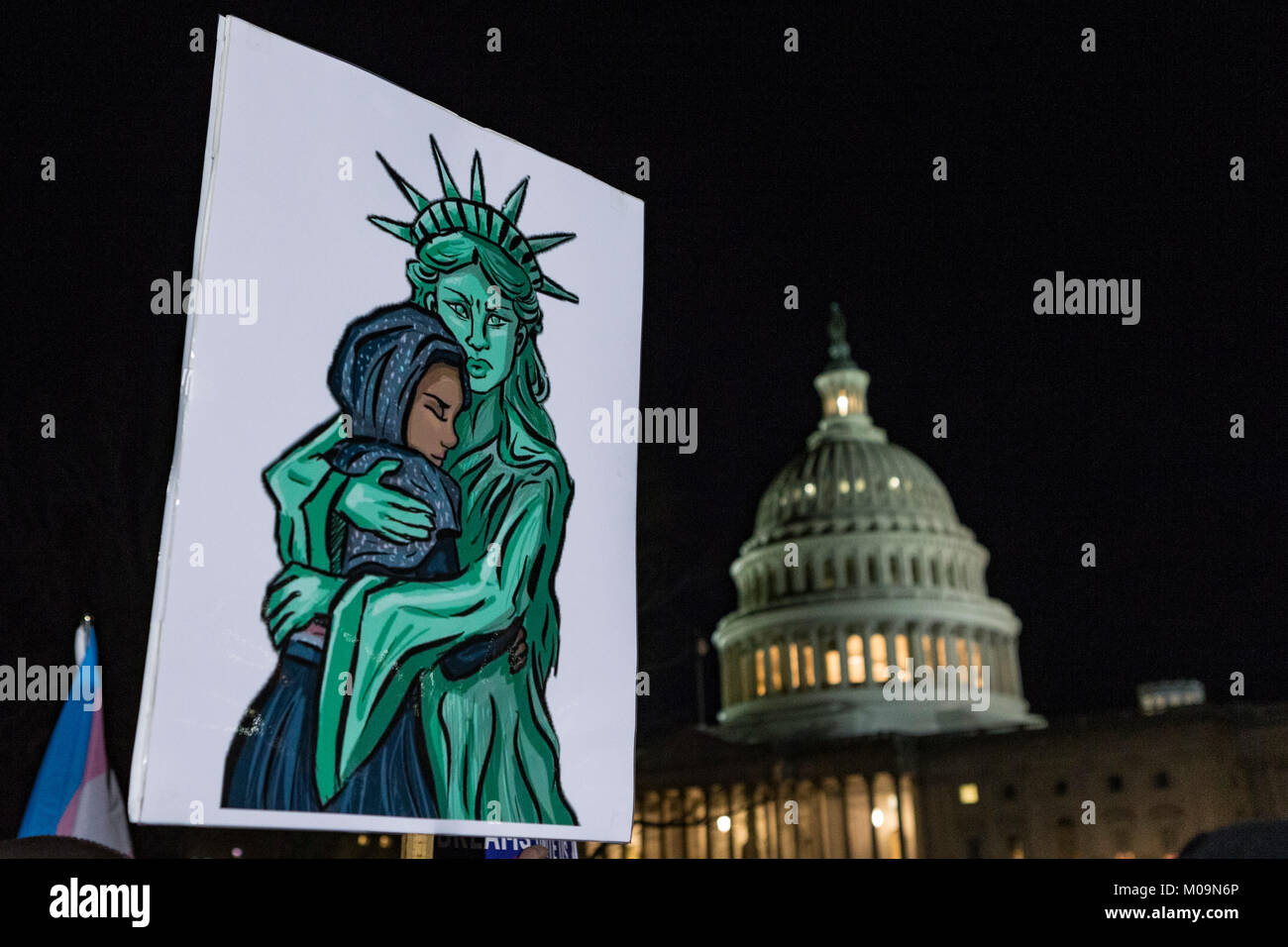 A demonstrator holds up a protest sign depicting the Statue of Liberty ...