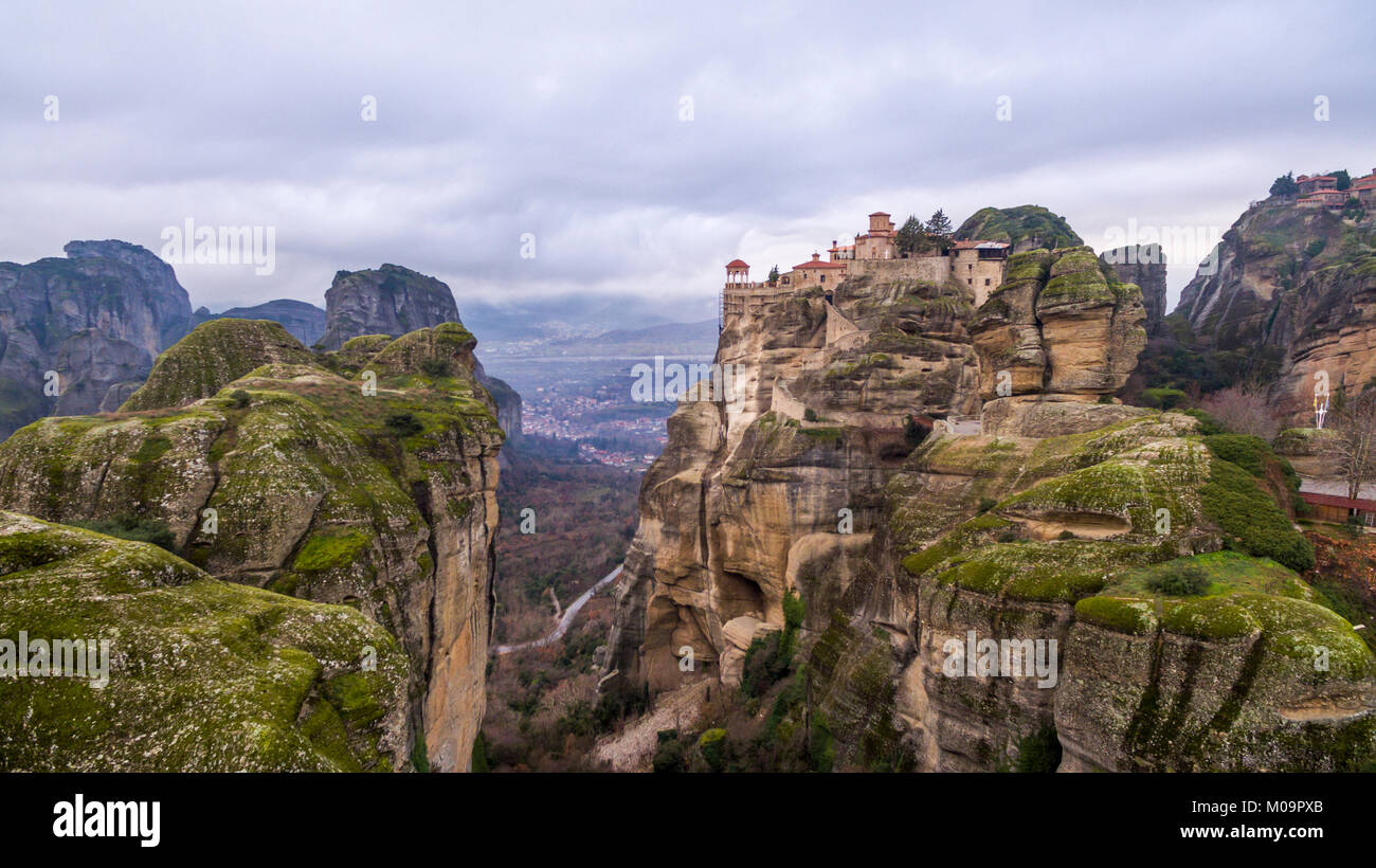 Aerial drone image of Meteora.The Meteora is a rock formation in ...