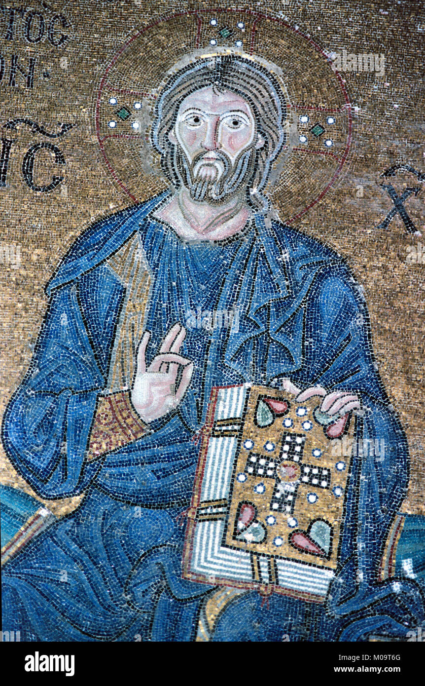 Byzantine Mosaic of Jesus Christ Holding a Bible or the Book of Gospels ...
