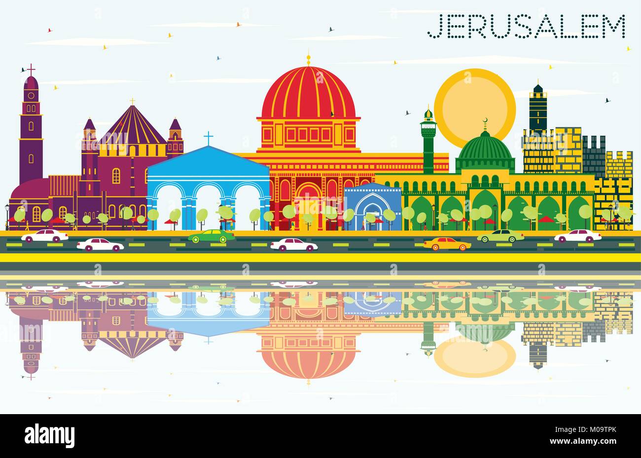 Jerusalem Israel Skyline with Color Buildings, Blue Sky and Reflections ...