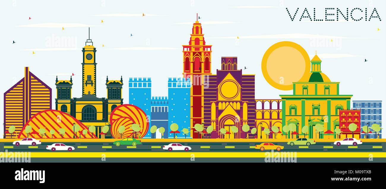 Valencia Spain City Skyline with Color Buildings and Blue Sky. Vector ...