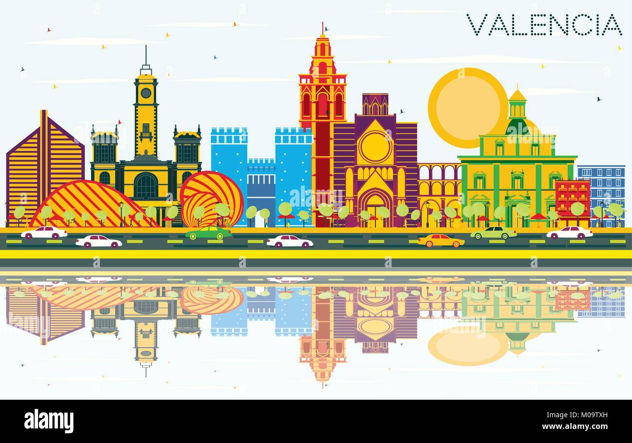 Valencia Spain City Skyline with Color Buildings, Blue Sky and ...