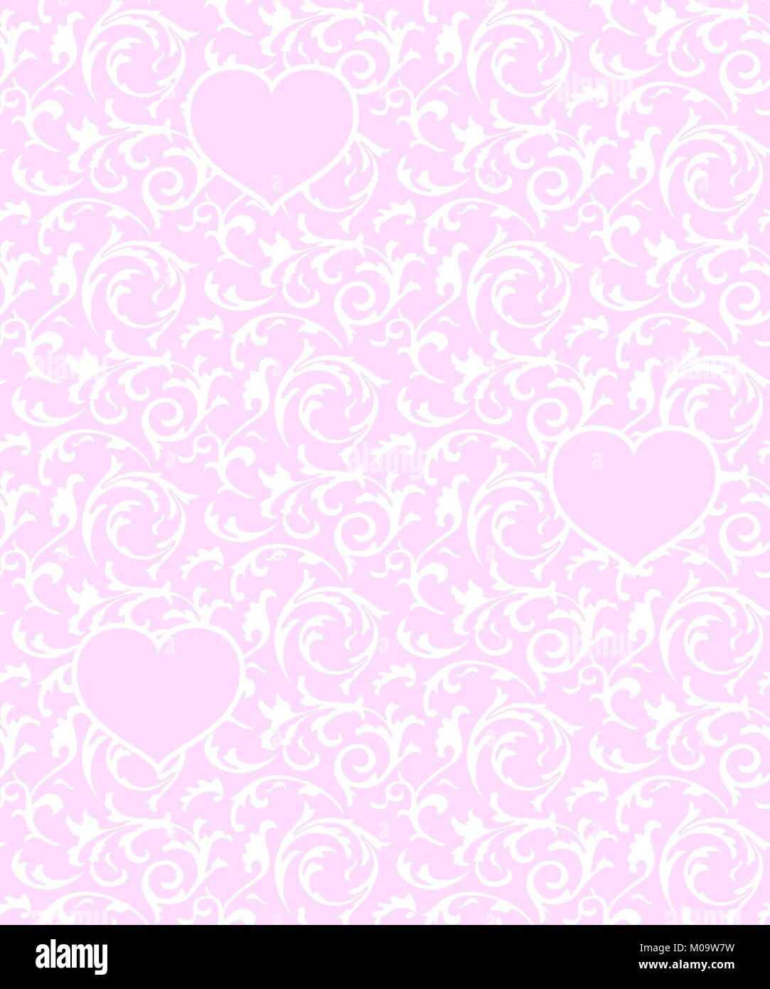 Pink seamless pattern with hearts and white floral element. Baroque ...