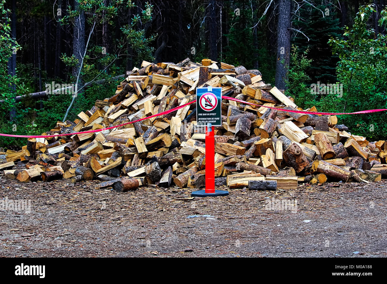 A Fire-ban in Effect sign with a wood pile taped off Stock Photo - Alamy
