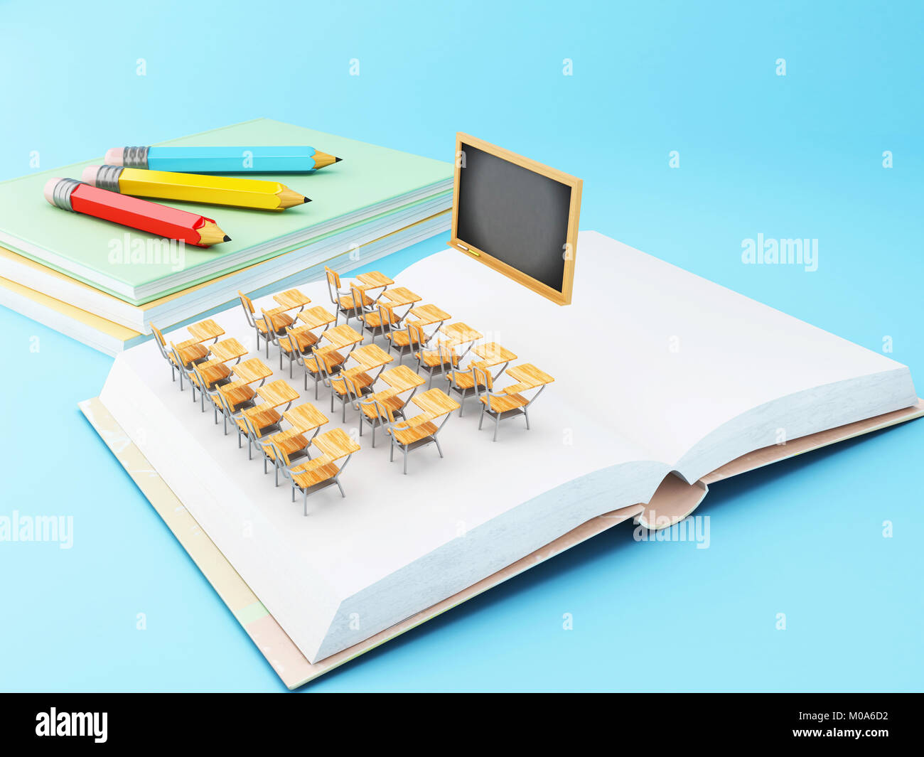 3d illustration. Open book with Classroom and pencils. Education ...