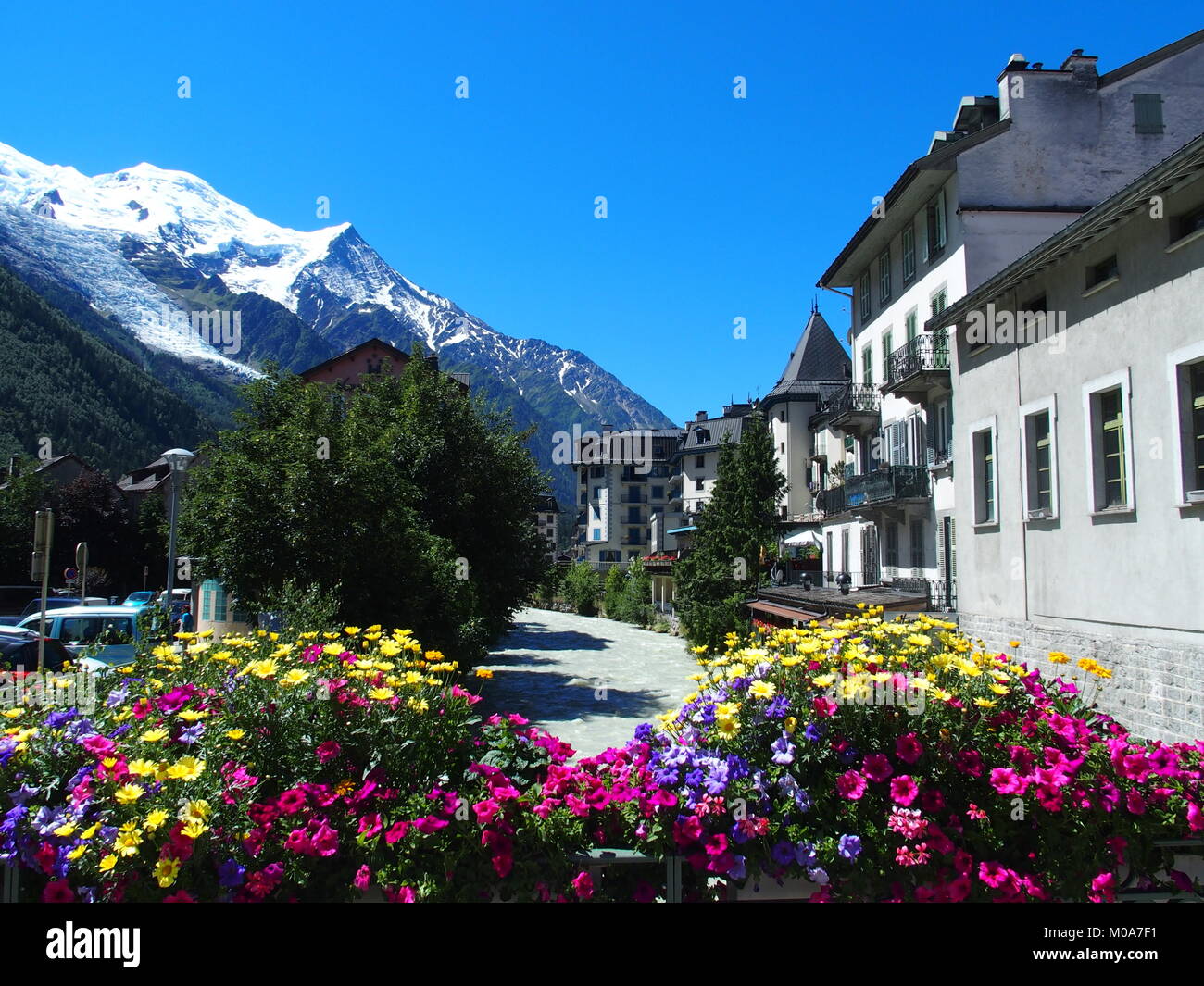 CHAMONIX MONT BLANC village with high alpine mountains range landscape ...