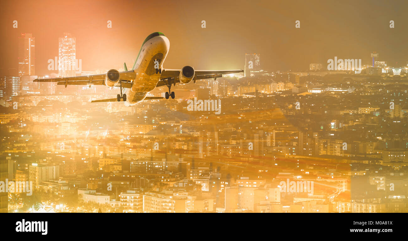 Airplane soaring high in colorful background with various buildings ...
