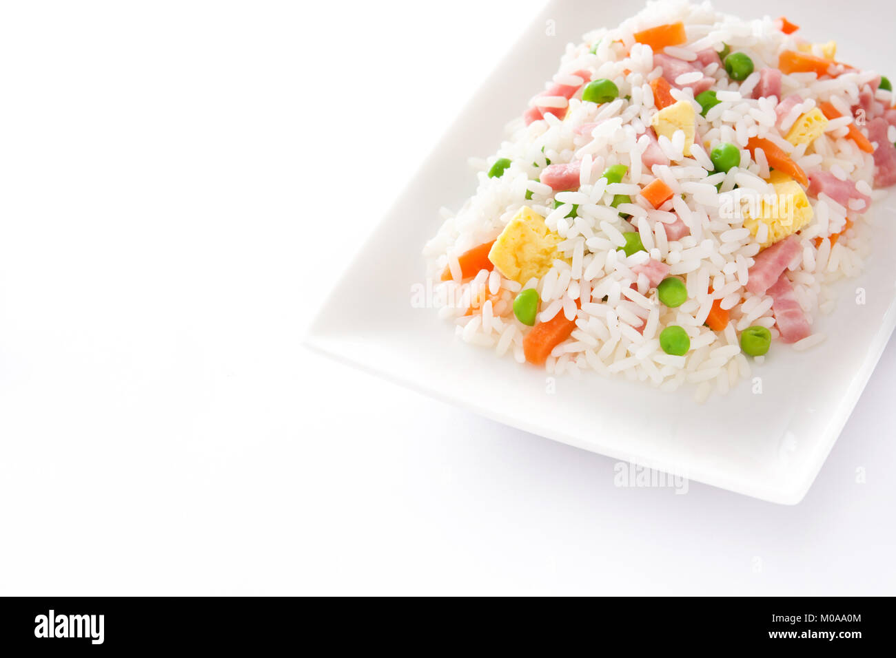 Chinese fried rice with vegetables and omelette isolated on white ...