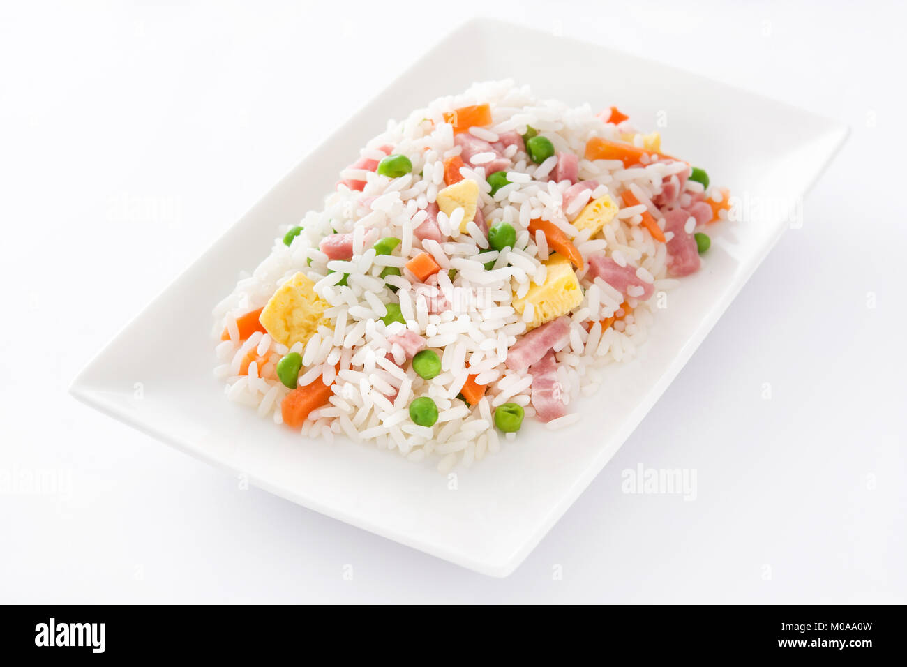 Chinese fried rice with vegetables and omelette isolated on white ...